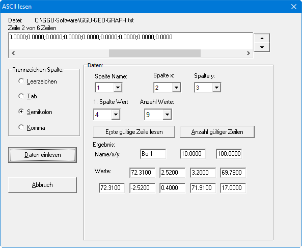 GGU-GEO-GRAPH: Menüeintrag "ASCII-Daten lesen"