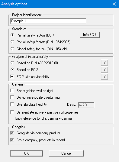 GGU-GABION: Step 1 - Select analysis options (Ex. 1)