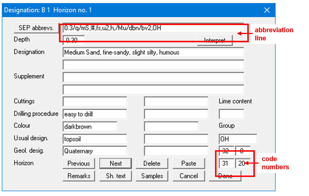 GGU-BORELOG: "Horizons" button: General data input information