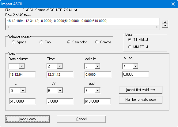 GGU-TRIAXIAL: Dialog box for editing base data